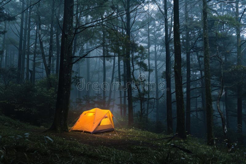 Illuminated Tent Camping Under Dark Forest Canopy at Night Stock Image ...