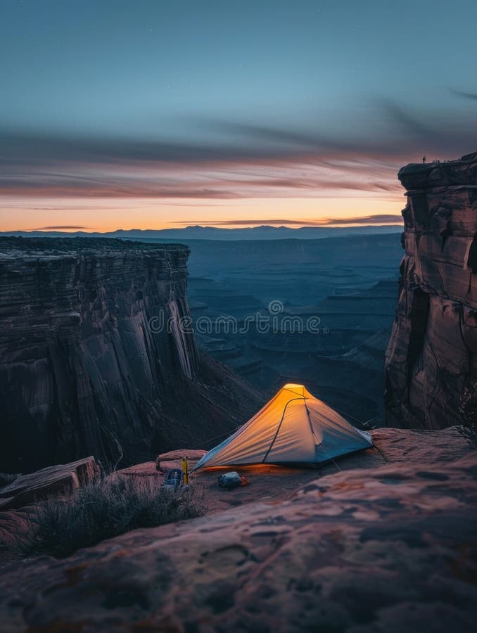Illuminated Tent on Cliff Edge Overlooking Vast Canyon at Sunset Stock ...