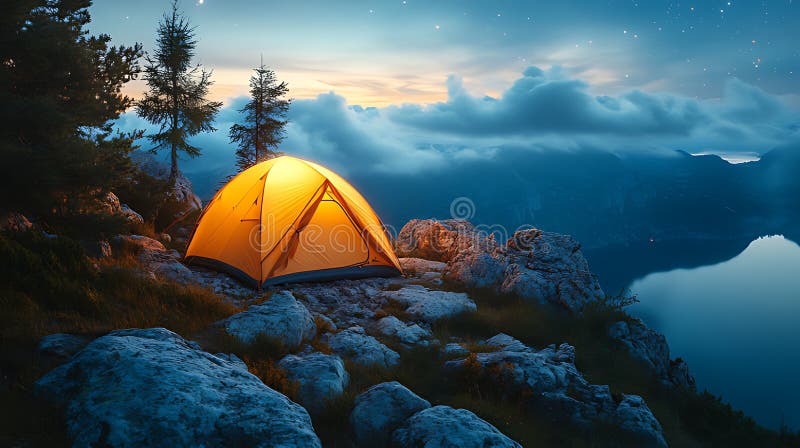Illuminated Tent on Mountaintop at Twilight Overlooking Lake Stock ...