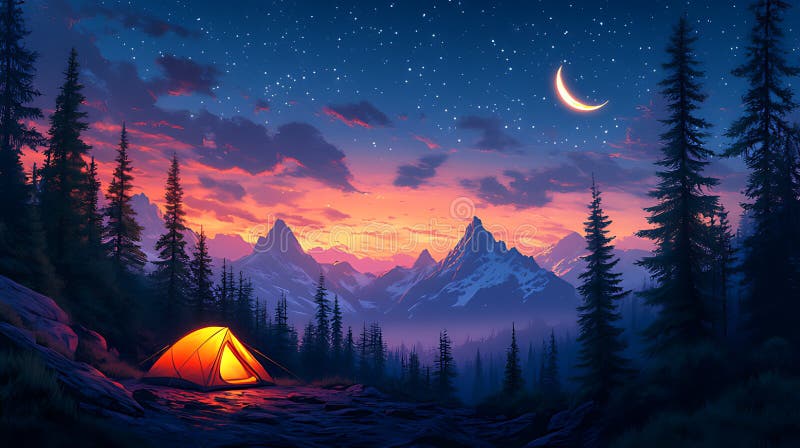 Illuminated Tent Nestled in a Mountain Valley Under a Crescent Moon and ...