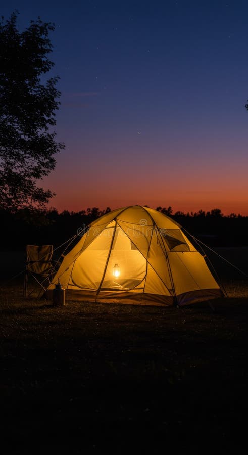 Illuminated Tent at Sunset in a Field Stock Illustration - Illustration ...