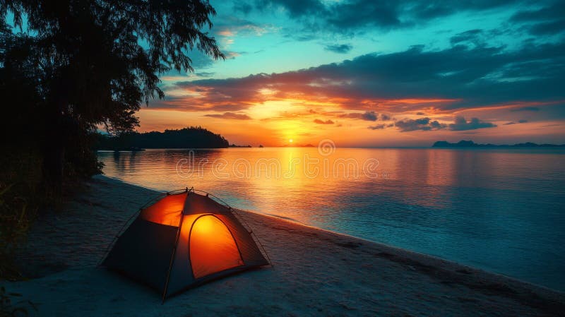 Illuminated Tent on Tropical Beach at Sunset Stock Illustration ...