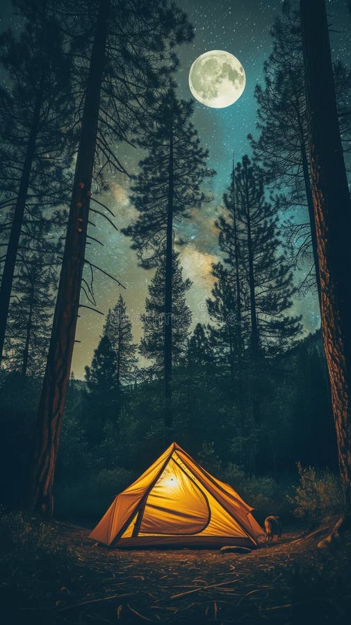 Illuminated Tent Under a Full Moon in a Pine Forest Stock Photo - Image ...