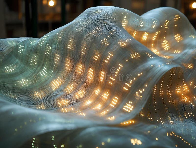Illuminated Textile Wave Golden Lights and Translucent Fabric Art Stock ...