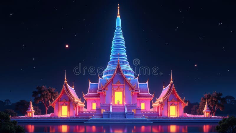 Illuminated Thai Temple at Night, Generative Ai, Generative Ai Stock ...