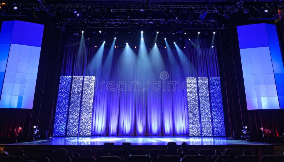 Illuminated Theater Stage with Blue Curtains and Dynamic Pixel Light ...