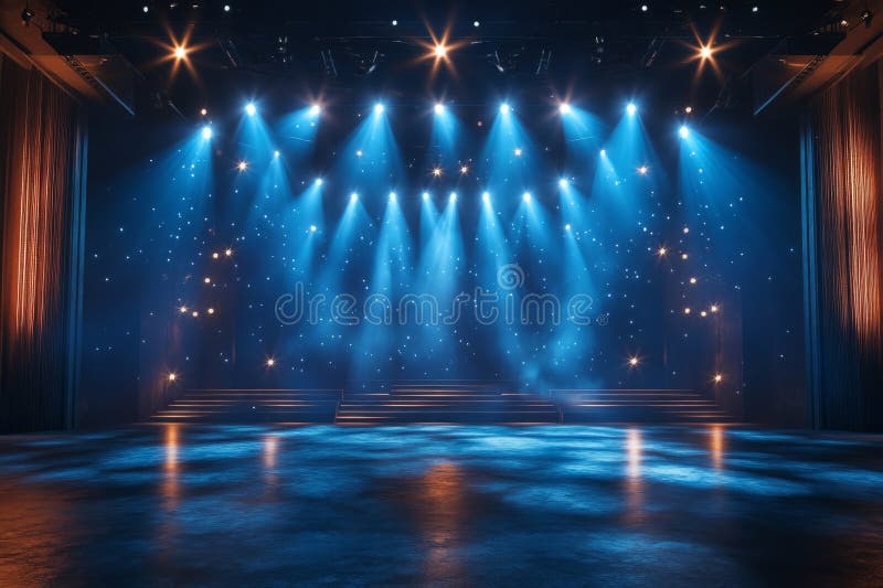Illuminated Theater Stage with Blue Spotlights and Starry Background ...