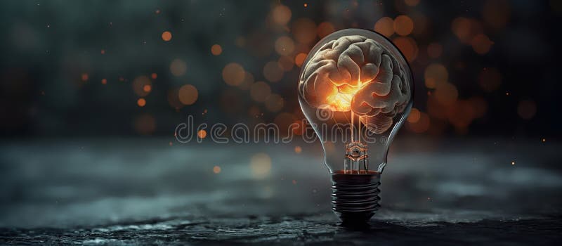 Illuminated Thoughts in a Surreal Brain Light Bulb Stock Image - Image ...