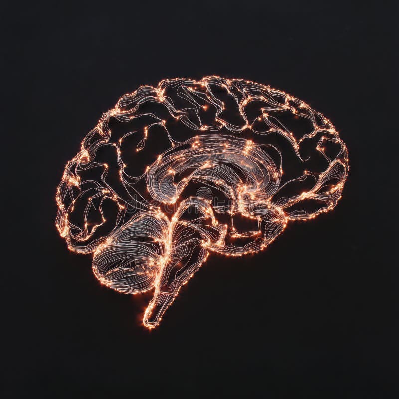 Illuminated Thread Art Creating the Shape of a Brain Against a Dark ...