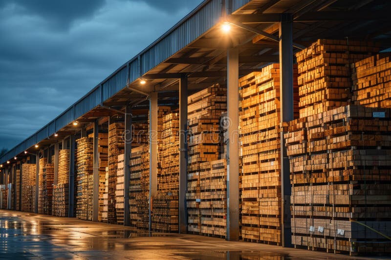 Illuminated Timber Stacks in a Warehouse during Evening, Showing ...