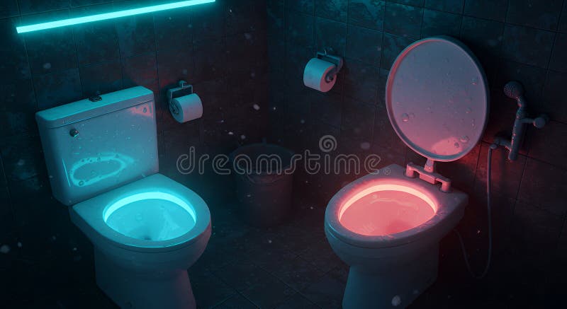 Illuminated Toilets in Dark Bathroom with Neon Lighting and Creative ...