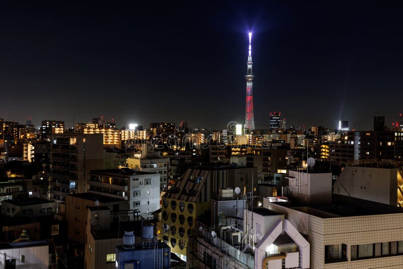 Illuminated Tokyo Sky Tree Tower at Night Over Tokyo Night Skyline ...