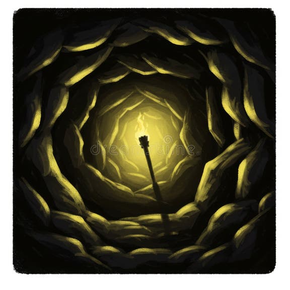 Illuminated Torch Casting a Glow in Deep Dark Cave Interior with Stone ...