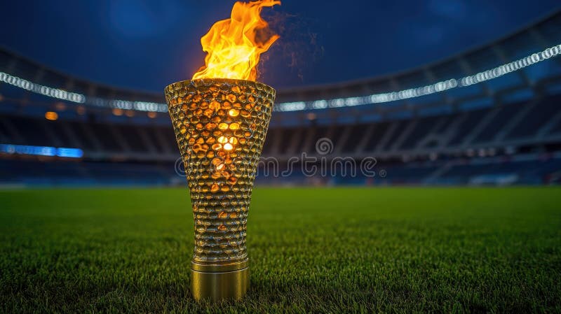 Illuminated Torch with Flames on Stadium Grass at Night Stock Photo ...