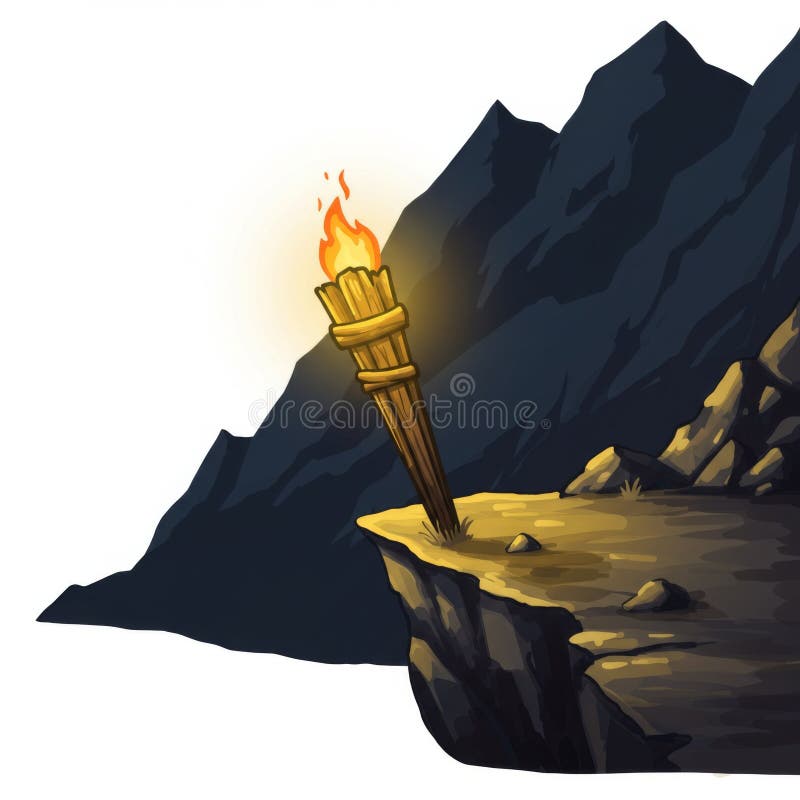 Illuminated Torch on a Rocky Cliff Edge with Dark Mountain Background ...
