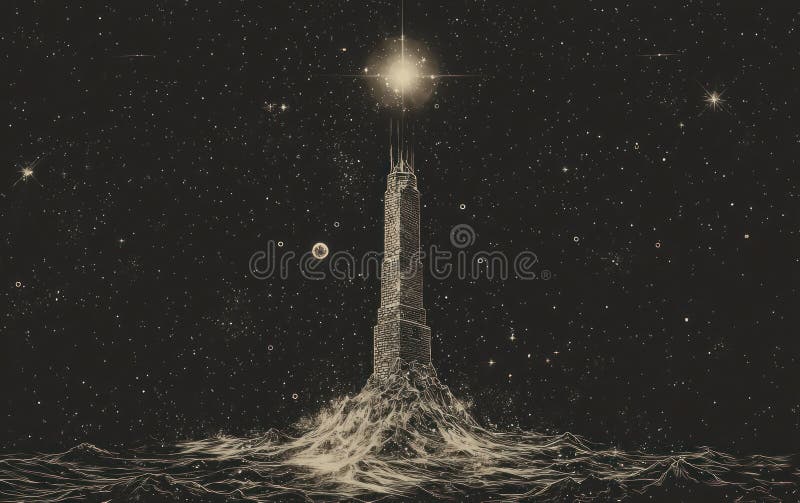 Illuminated Tower Under Starry Night Stock Illustration - Illustration ...