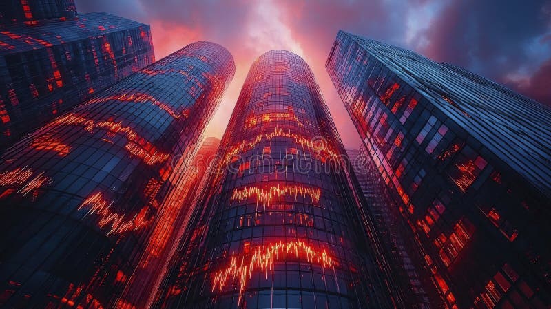 Illuminated Towers and Abstract Financial Data Stock Illustration ...