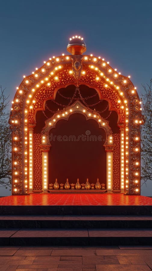 Illuminated Traditional Indian Arch with Ornate Design and Stage at ...