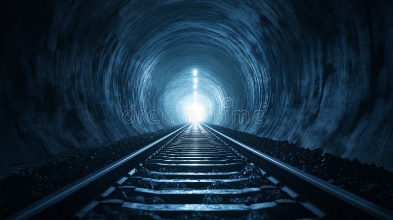 Illuminated Train Tunnel with Metal Tracks in Perspective View Stock ...