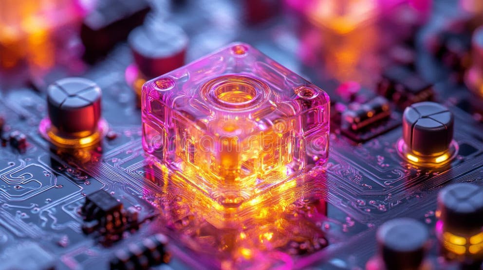 Illuminated Transparent Cube on Circuit Board Stock Illustration ...