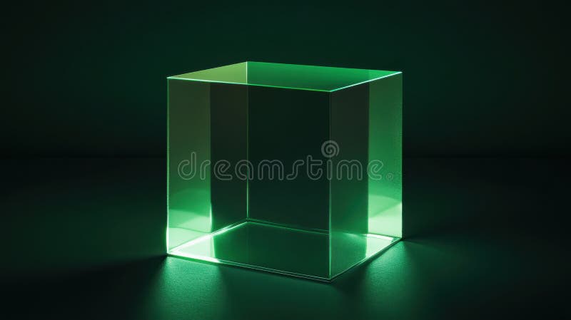 Illuminated Transparent Cube with Green Light Effect in Dark Studio ...