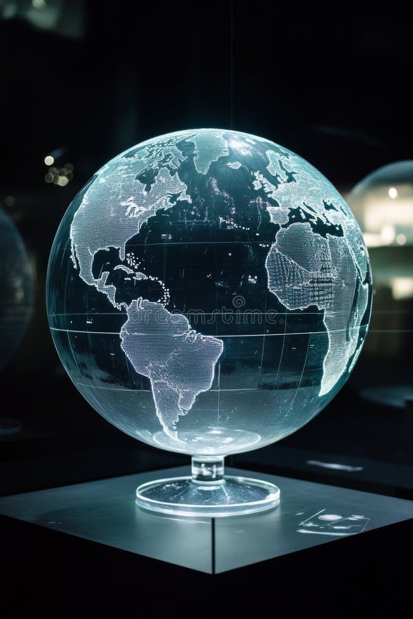 Illuminated Transparent Globe with Digital Map Displayed in Dark Room ...