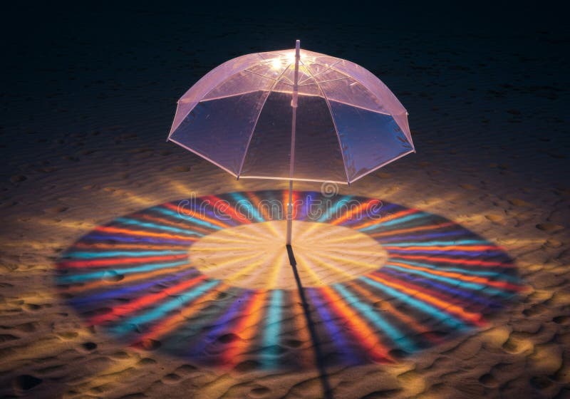 Illuminated Transparent Umbrella on Sandy Beach at Night Stock Illustration - Illustration of ...