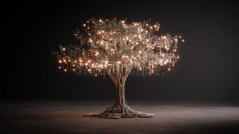Illuminated Tree Artwork Featuring Intricate Light Nodes on a Dark ...
