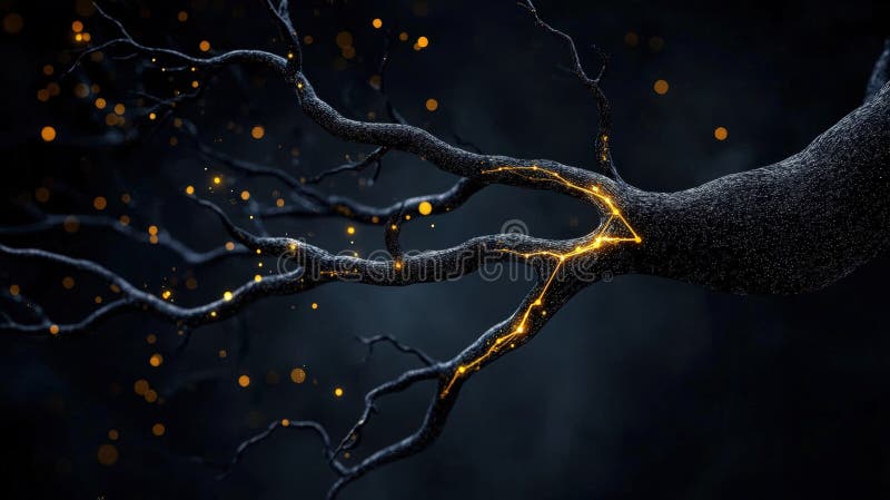 Illuminated Tree Branch with Glowing Effects on a Dark Background Stock ...