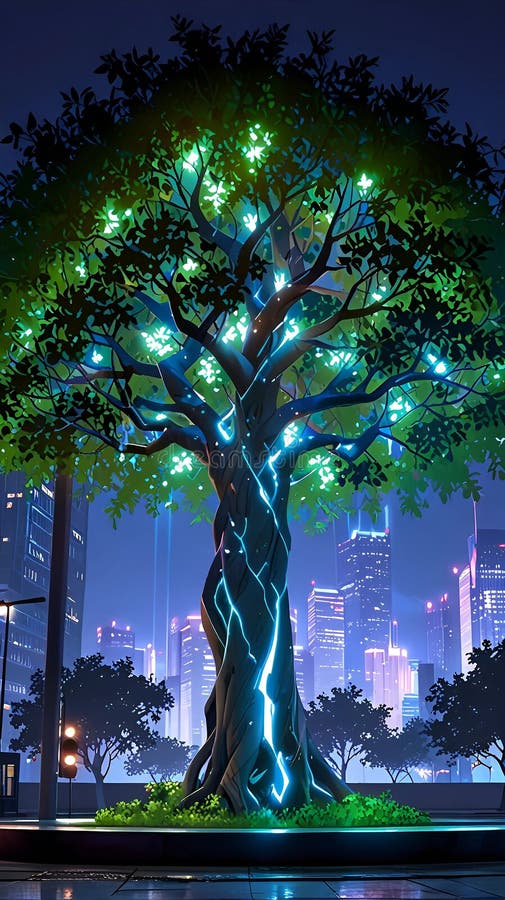 Illuminated Tree with Futuristic Design (Portrait) Stock Illustration ...