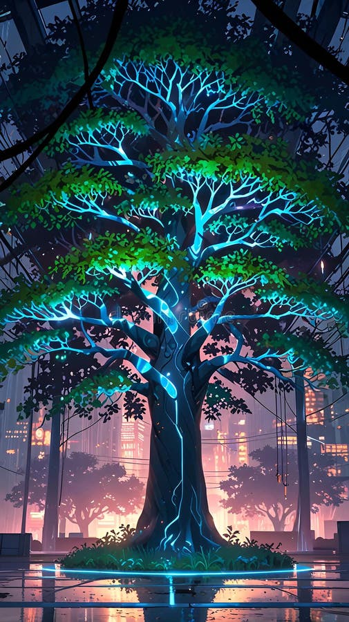 Illuminated Tree with Futuristic Design (Portrait) Stock Illustration ...