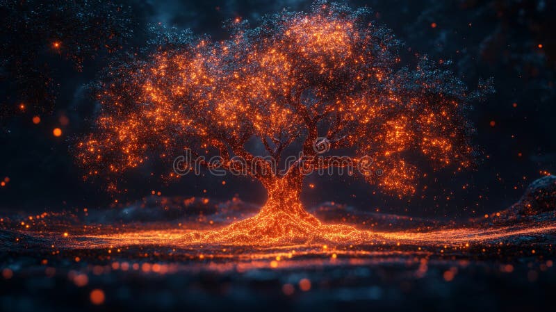 Illuminated Tree with Glowing Branches in Mystical Forest at Night ...