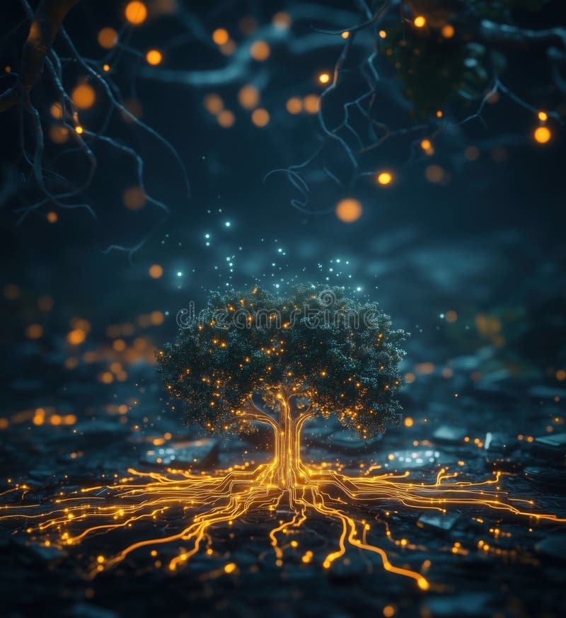Illuminated Tree with Glowing Roots and Magical Ambiance in Dark Forest ...