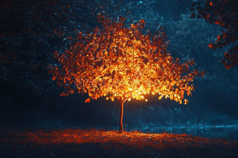 Illuminated Tree Glows Warmly in Dark Forest, Creating a Magical ...