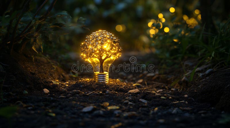 Illuminated Tree Growing Inside Light Bulb in Dark Garden Night Scene ...