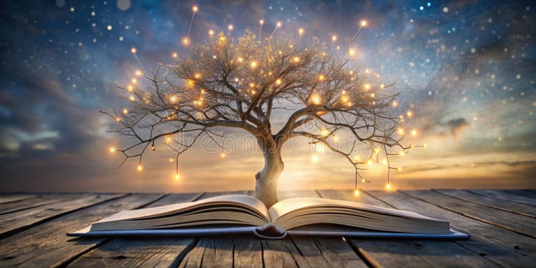 Illuminated Tree of Knowledge Sprouting from an Open Book on Rustic ...