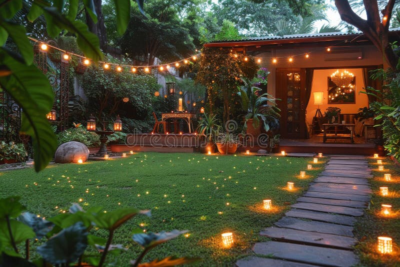 Illuminated Tree Lined Pathway on a Fall Evening Stock Photo - Image of ...