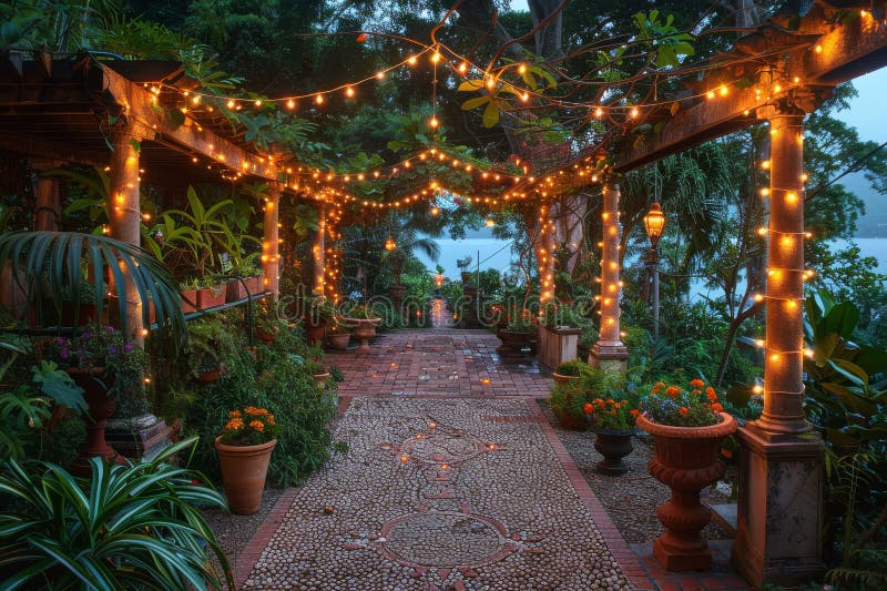 Illuminated Tree Lined Pathway on a Fall Evening Stock Photo - Image of ...