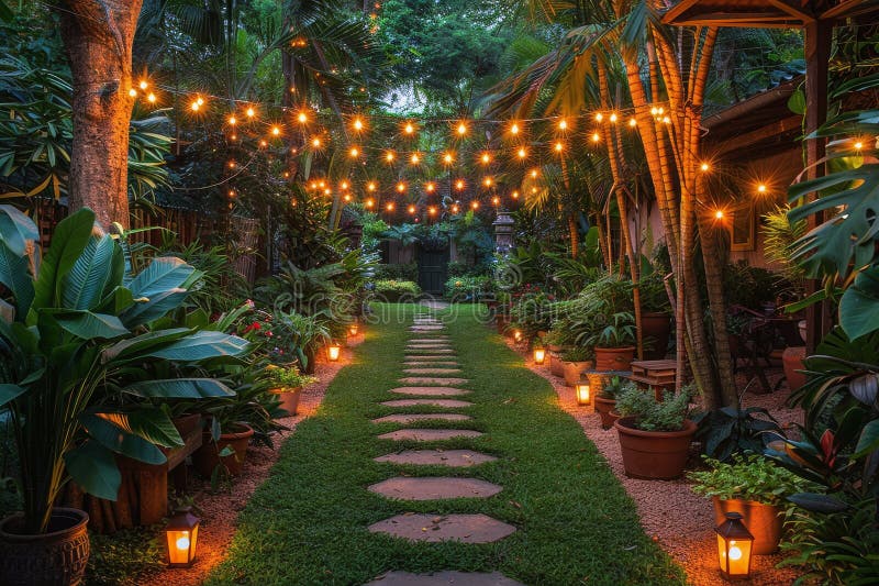 Illuminated Tree Lined Pathway on a Fall Evening Stock Photo - Image of ...
