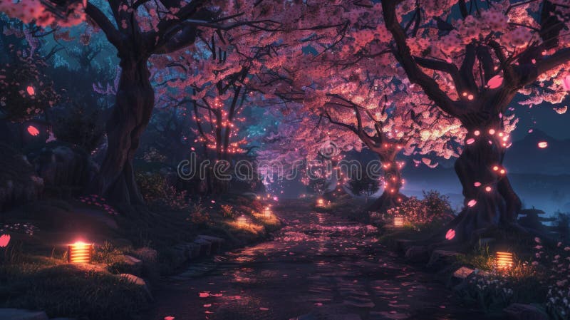 Illuminated Tree-Lined Pathway at Night Stock Photo - Image of ...