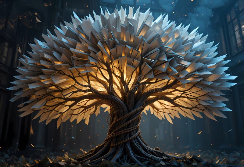 Illuminated Tree Made of Books, Symbolizing Knowledge and Wisdom Stock ...