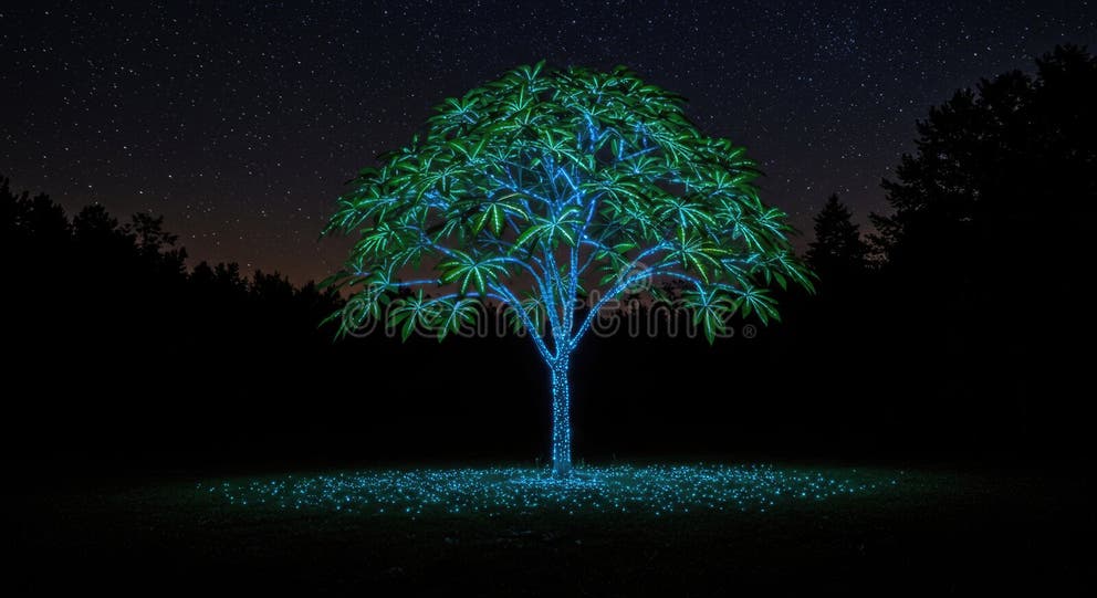 Illuminated Tree at Night with Blue and Green Lights Under Starry Sky ...