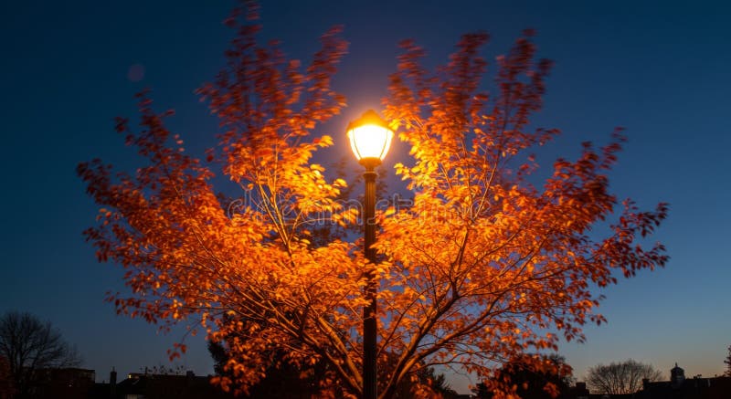 Illuminated Tree at Night with Orange Leaves Stock Illustration ...