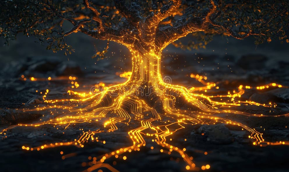 Illuminated Tree Roots with Glowing Circuit Patterns Representing ...
