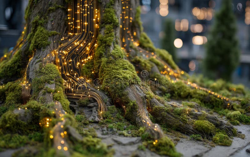 Illuminated Tree Roots with Moss and Glowing Wires Stock Illustration ...