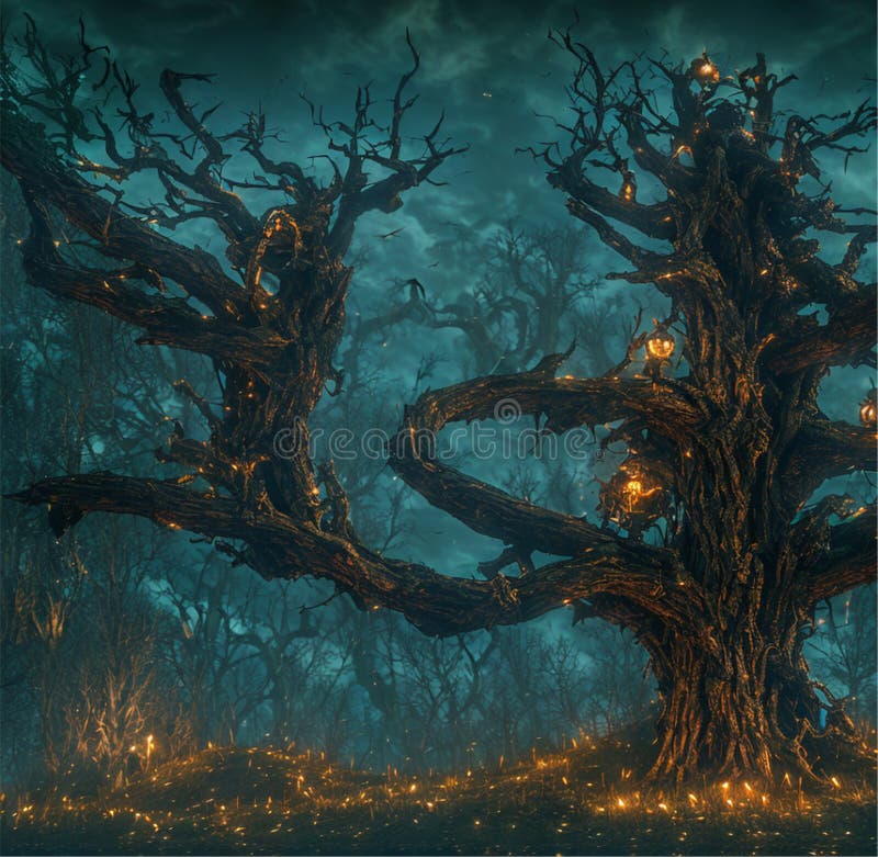 Illuminated Tree at Spooky Misty Autumn Night AI Stock Illustration ...