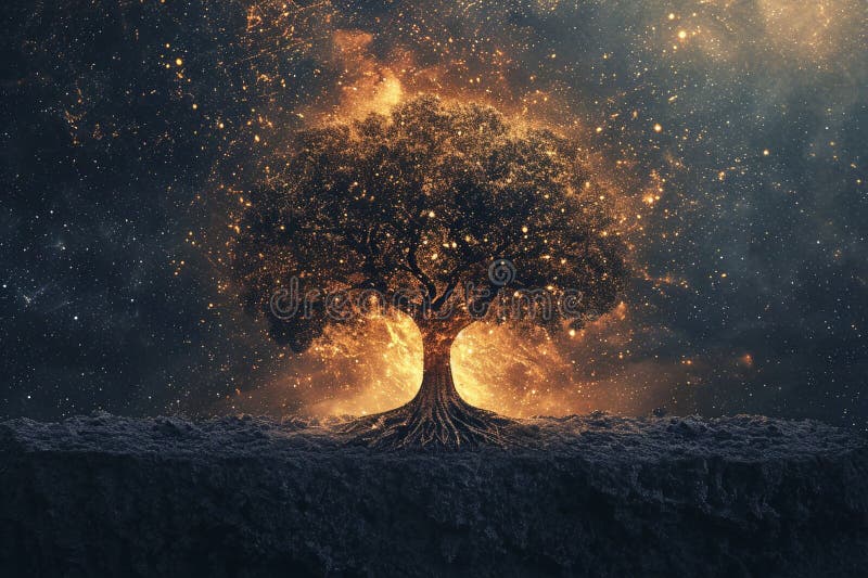 Illuminated Tree in a Starry Night Sky Stock Illustration ...