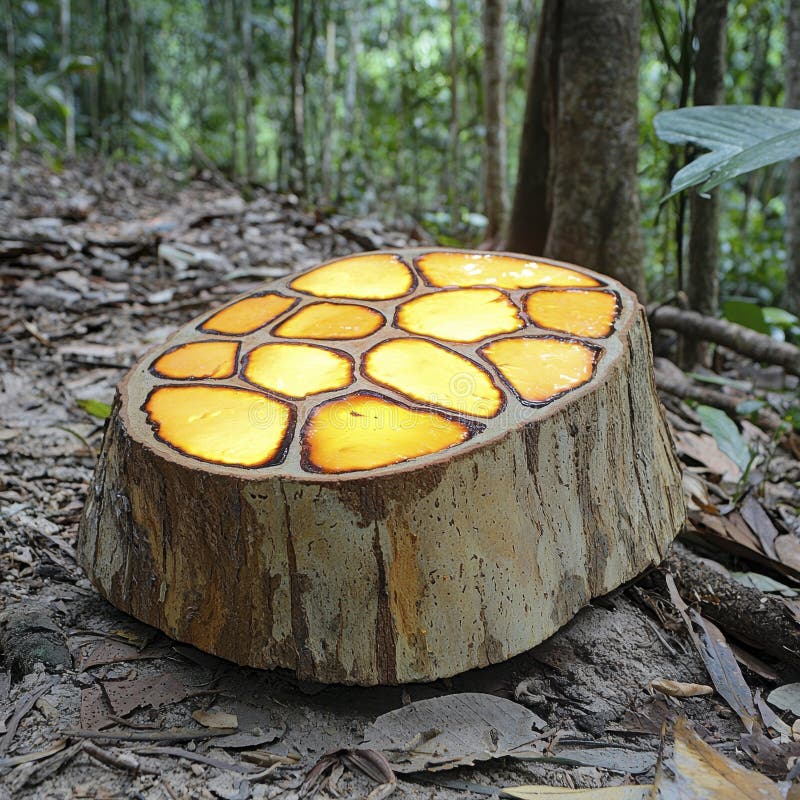 Illuminated Tree Stump Art in Lush Forest Setting Stock Photo - Image ...