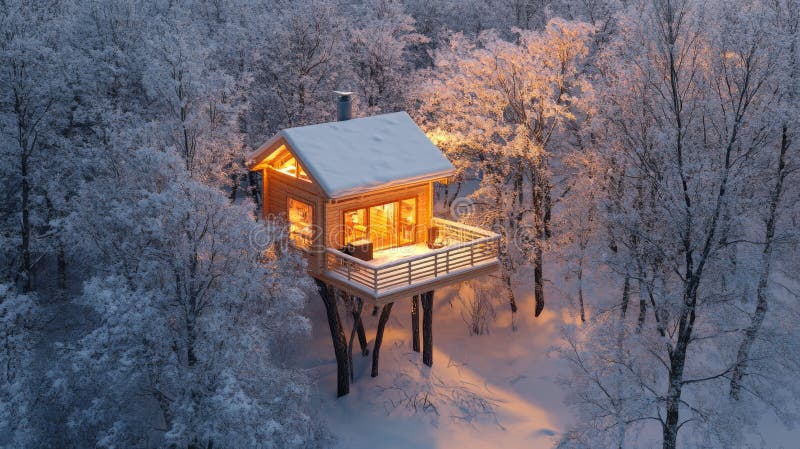 Illuminated Treehouse Cabin in a Snowy Winter Forest Stock Illustration ...