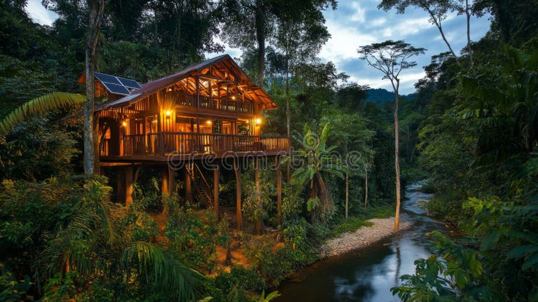 Illuminated Treehouse Overlooking a River in a Lush Jungle Stock ...